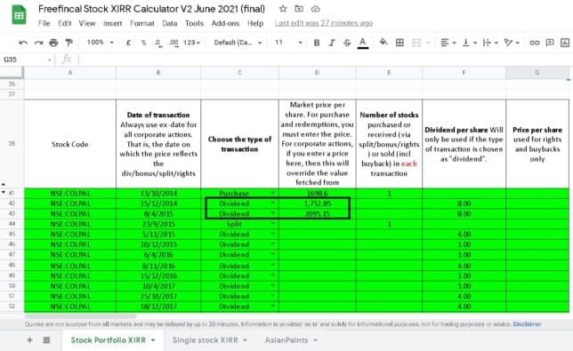 Stock transactions entered in the Freefincal stock XIRR calculator