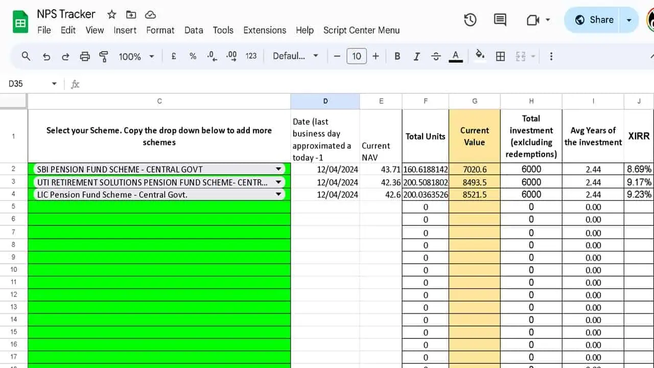 NPS Portfolio Tracker on Google Sheets